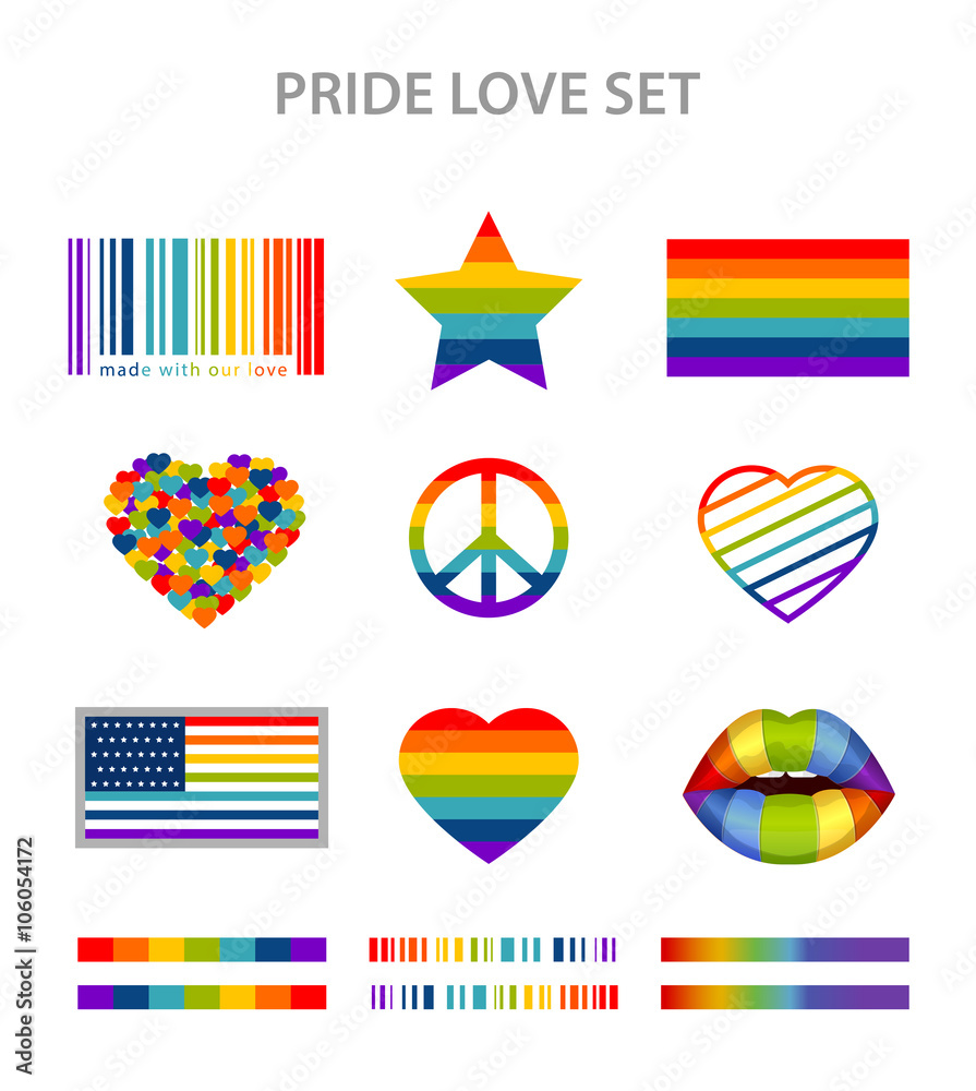 LGBT symbols set, rainbow colors: flags, hearts, peace, star, lips ...