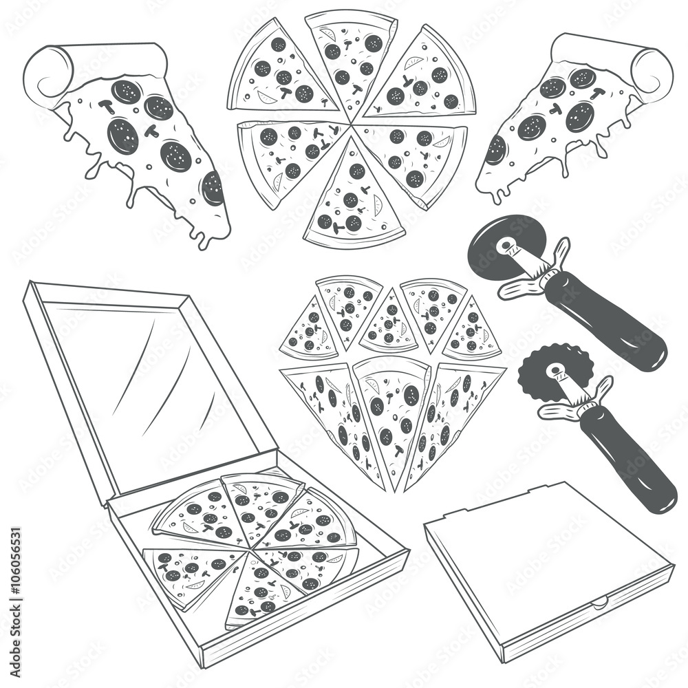 Hand drawn pizza slices vector set. Pizza labels, signs, symbols, icons ...