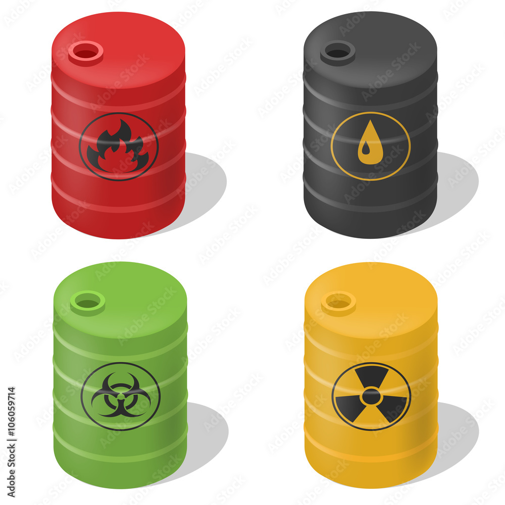 Vector set barrels isometric. Isolated set barrels icons. Flammable ...