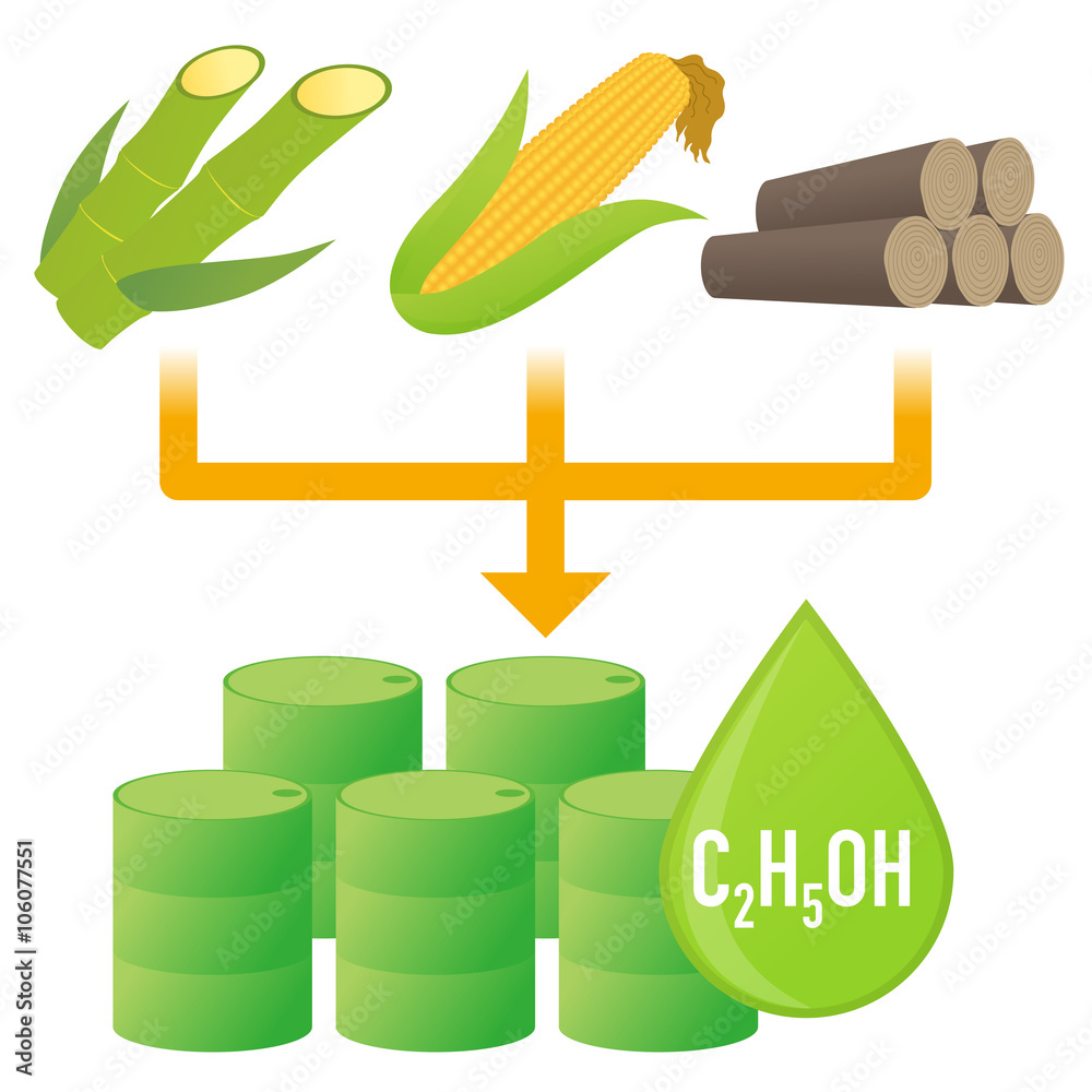 Biofuel: Biomass ethanol, made form Sugar, Starch, Cellulose, diagram ...