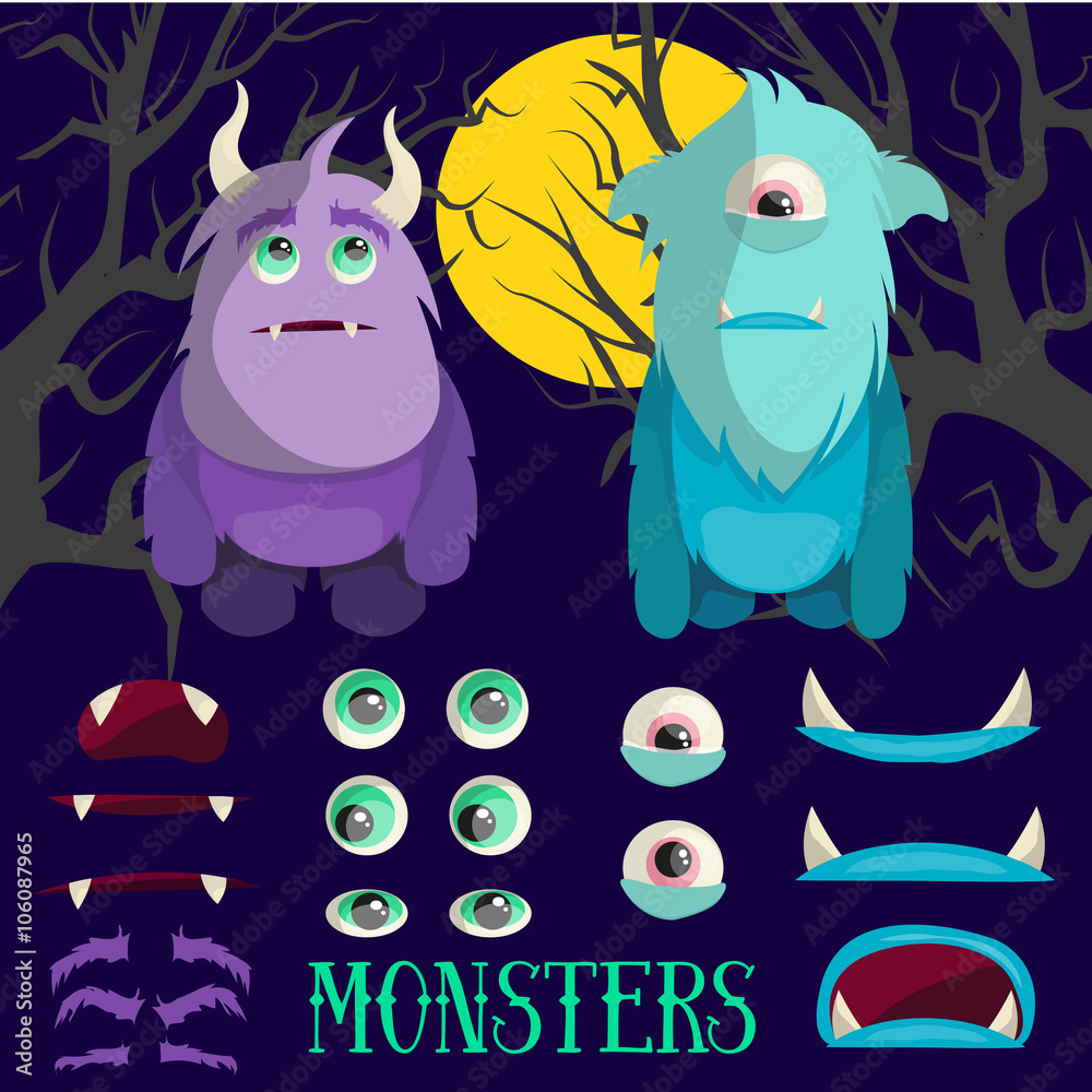 Vector set of cartoon monster characters. Colorful illustration in flat ...