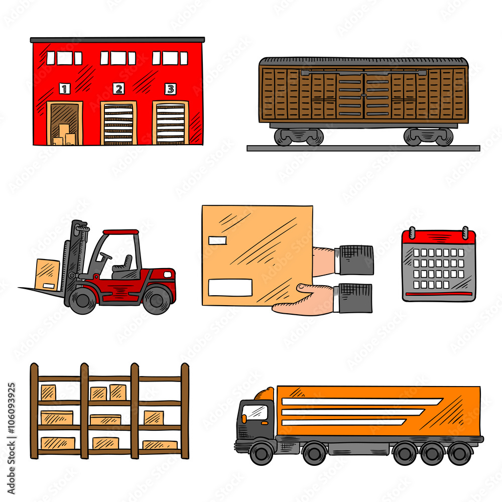 Storage and delivery service elements with freight wagon and delivery ...