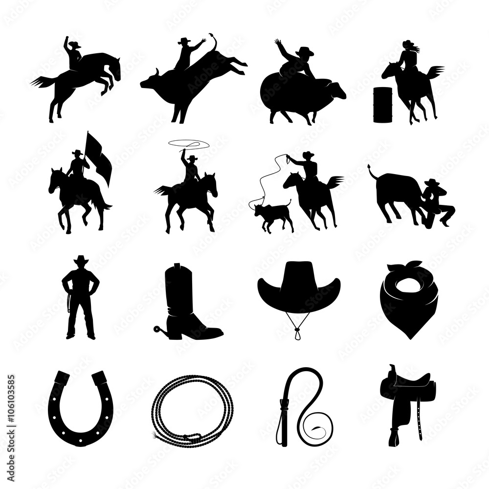 Rodeo Black Icons Set Stock Vector | Adobe Stock