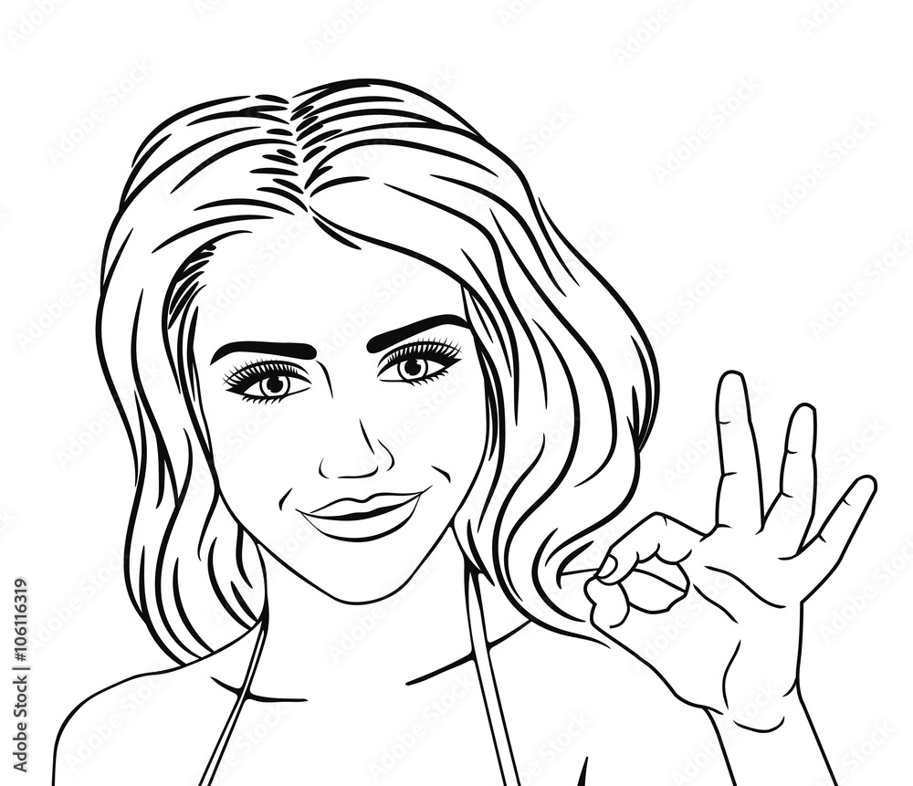 Line art young woman smiling face with OK hand sign isolated on white ...