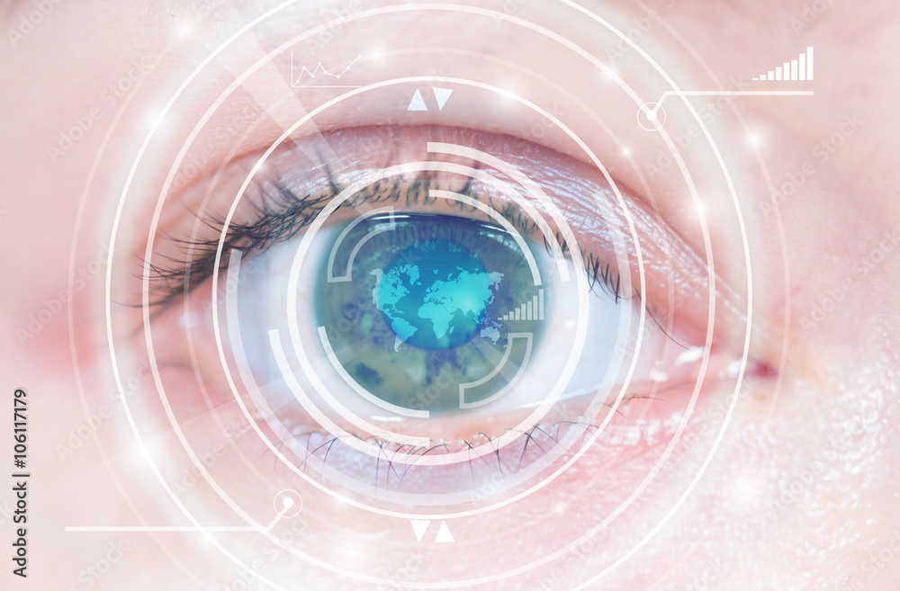Close-up of woman's blue eye. High technology in the futuristic. Stock ...