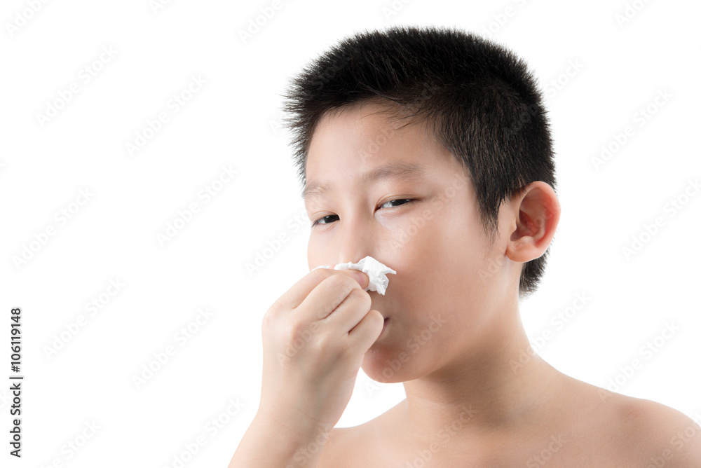 Flu cold or allergy symptom.Sick young asian boy with fever snee Stock ...