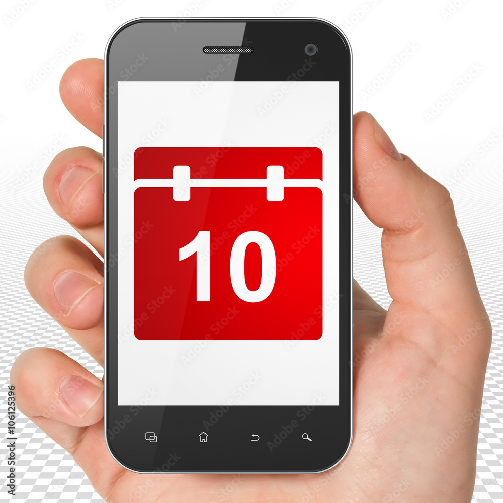 Time concept: Hand Holding Smartphone with Calendar on display Stock ...