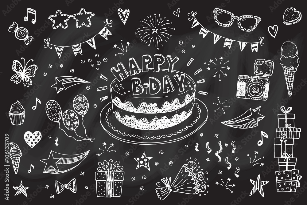 Happy birthday hand drawn sketch set with doodle cake, balloons ...