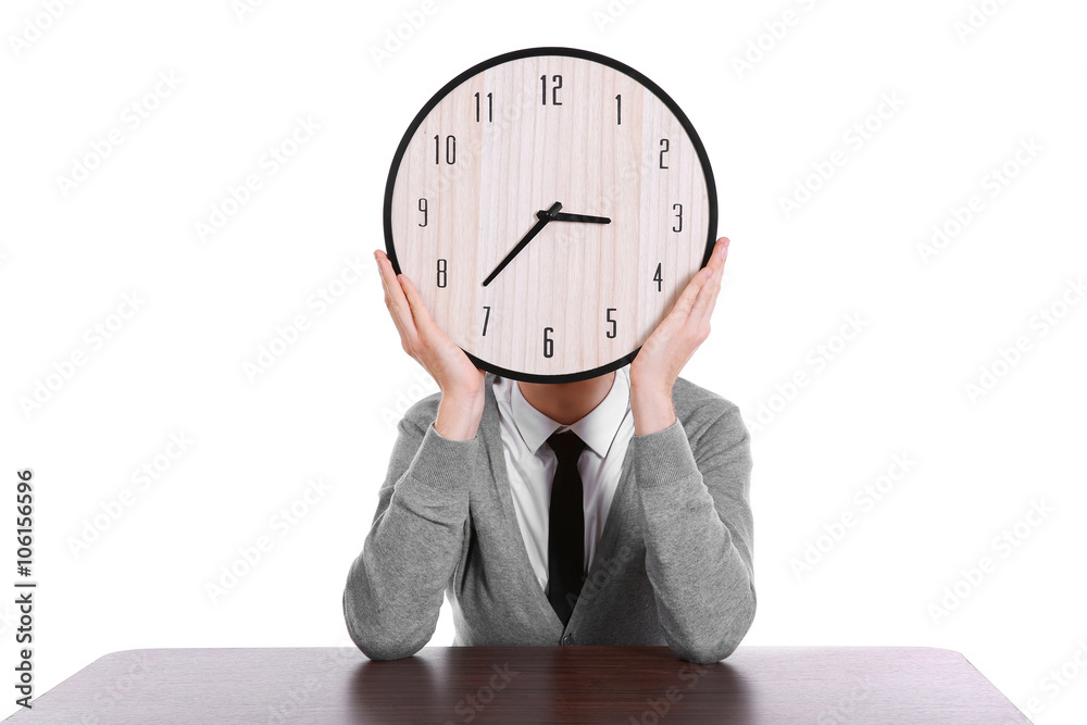 Young man holding clock, isolated on white Stock Photo | Adobe Stock
