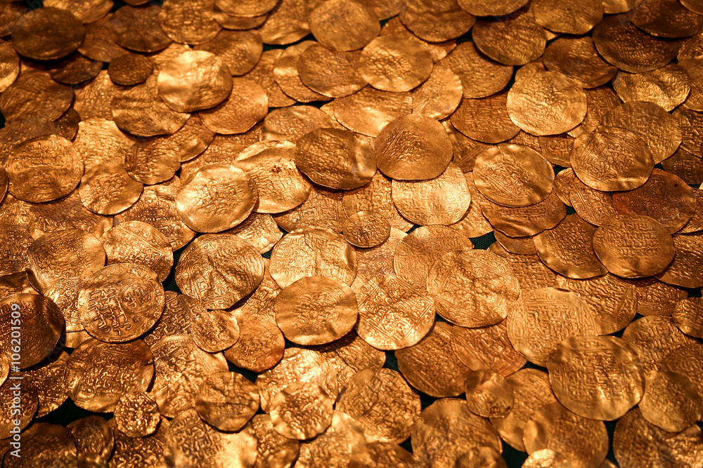 Gold coins, hoard of ancient medieval English currency. Full frame ...