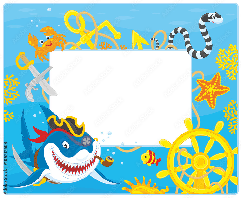 Vector horizontal frame border with a pirate shark, a sea snake, a crab ...