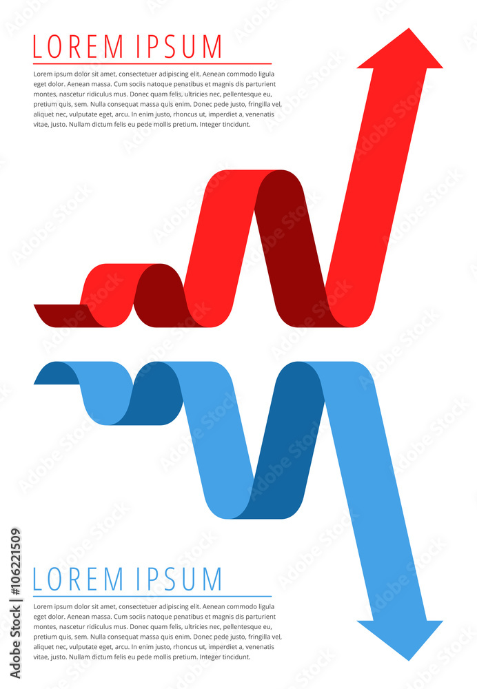 Increasing graph and decreasing graph concept. Red progress arrow and ...