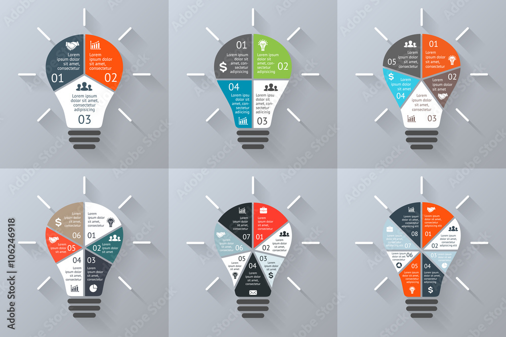 Vector light bulb infographics set. 3, 4, 5, 6, 7 options, parts, steps ...