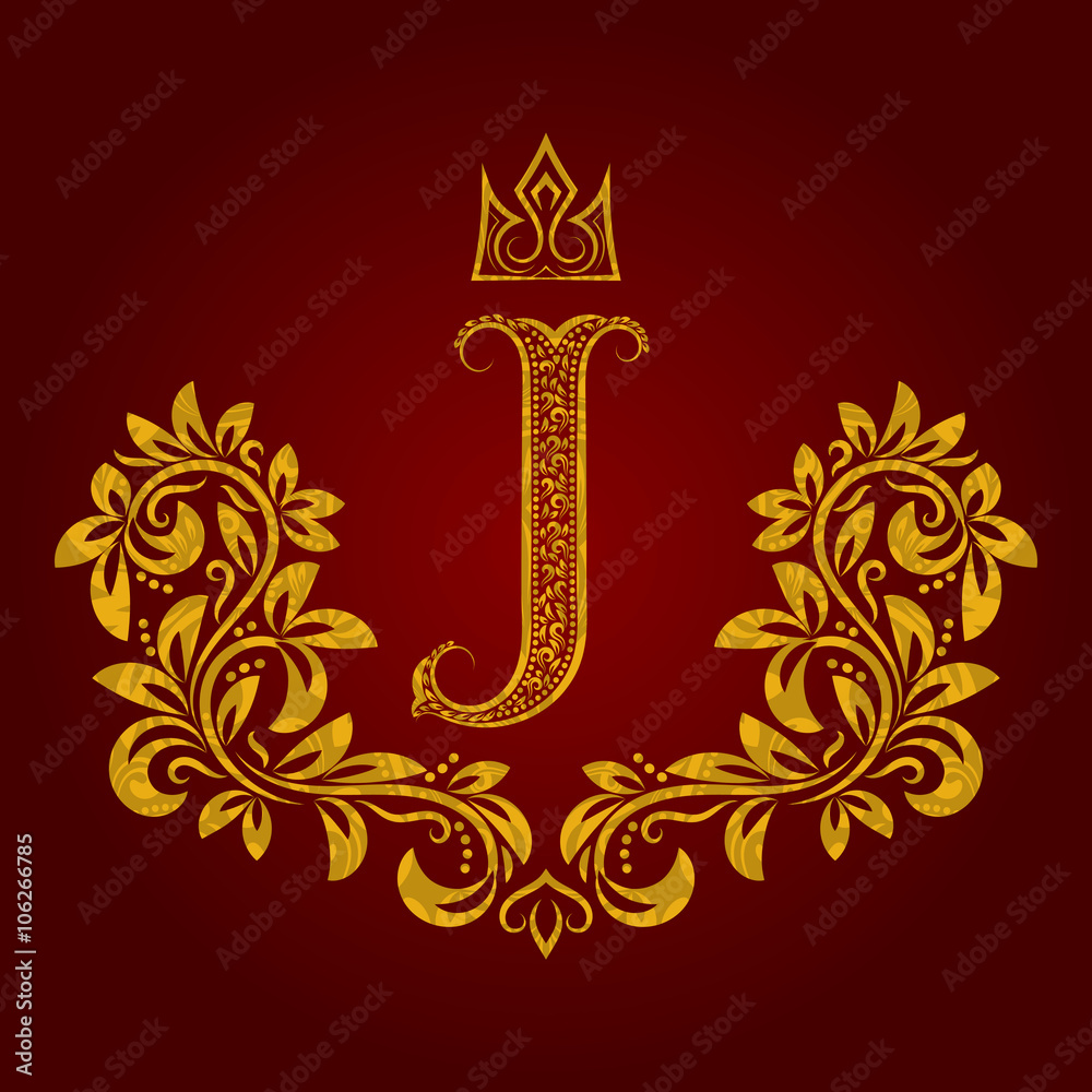 Patterned golden letter J monogram in vintage style. Heraldic coat of ...