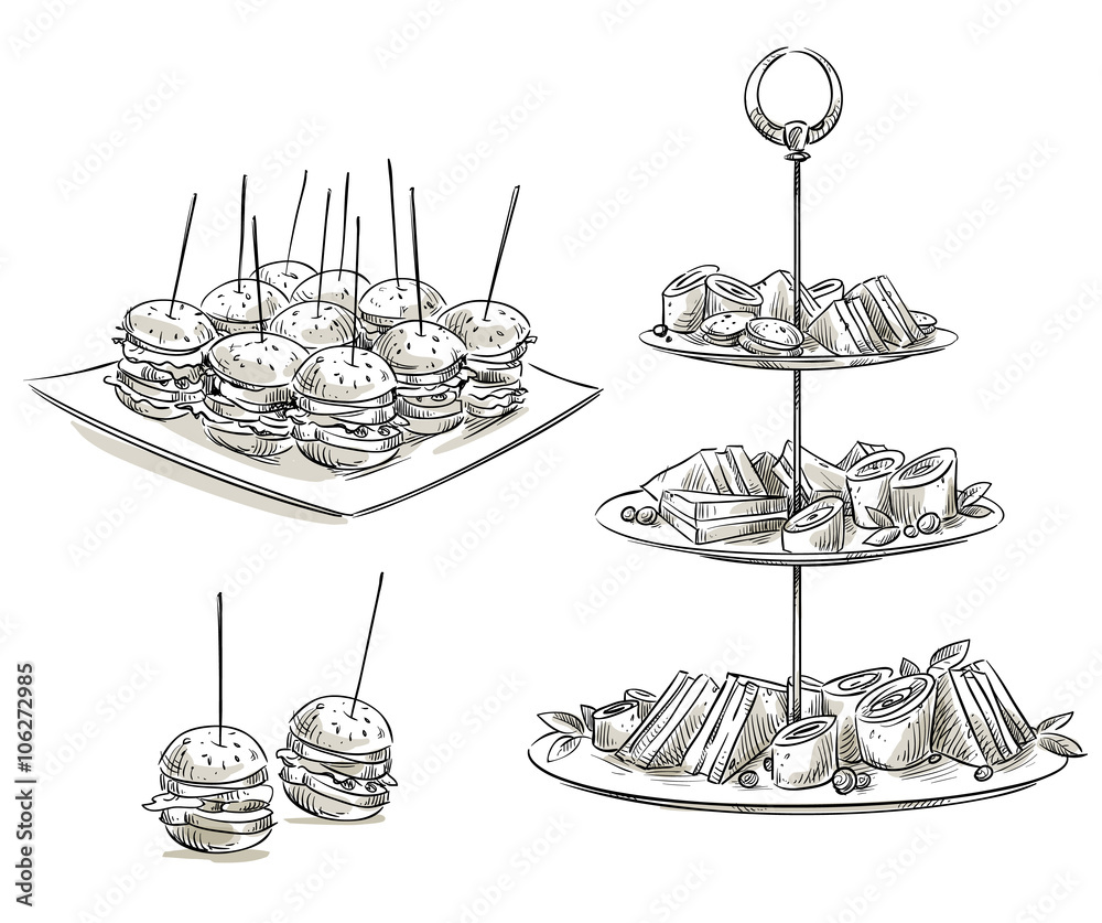 Set of snacks on a tray. Vector sketch. Stock Vector | Adobe Stock