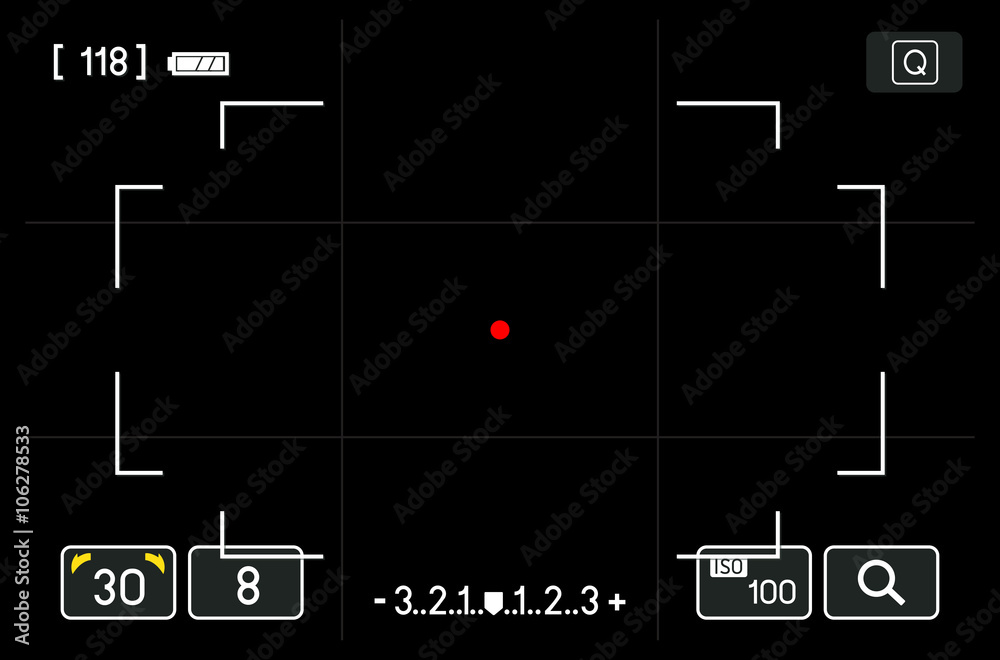 camera viewfinder with exposure and camera settings with black ...