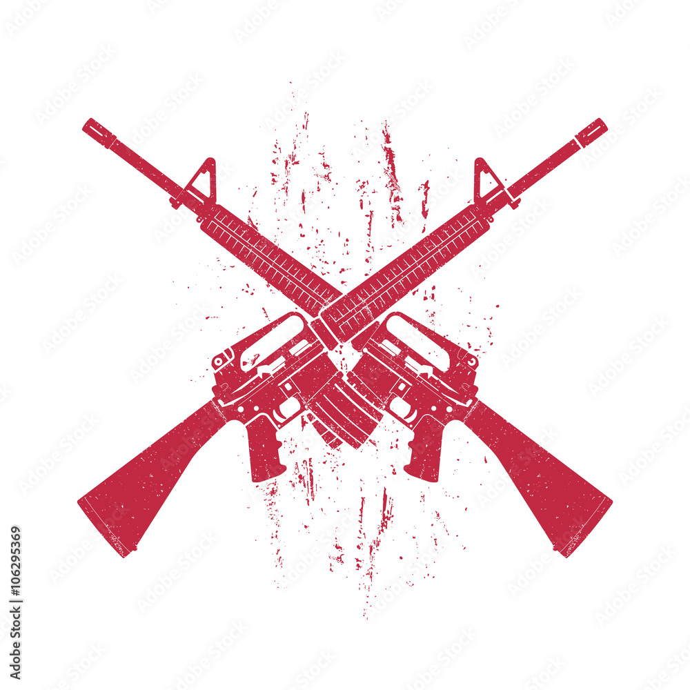 crossed assault rifles, two 5.56 mm automatic guns, red on white ...
