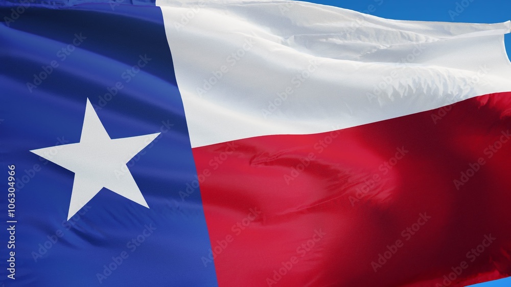 Texas flag waving in slow motion against clean blue sky, seamlessly ...