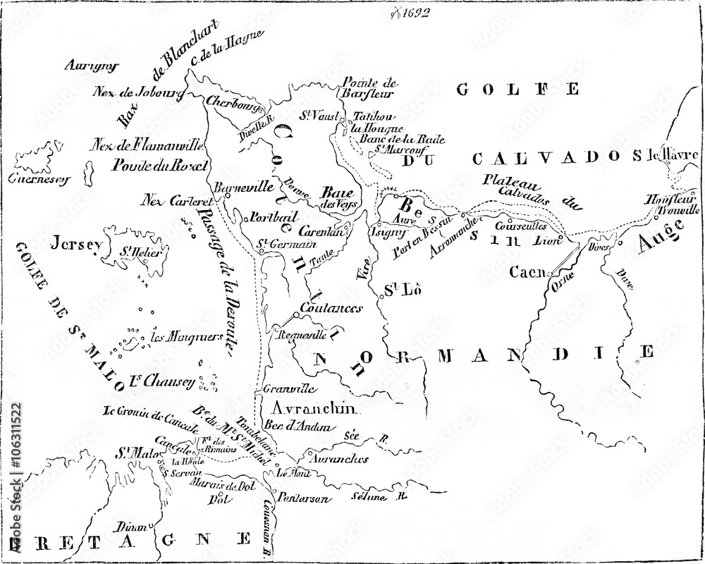 Map sides of Calvados and Cotentin, vintage engraving. Stock ...