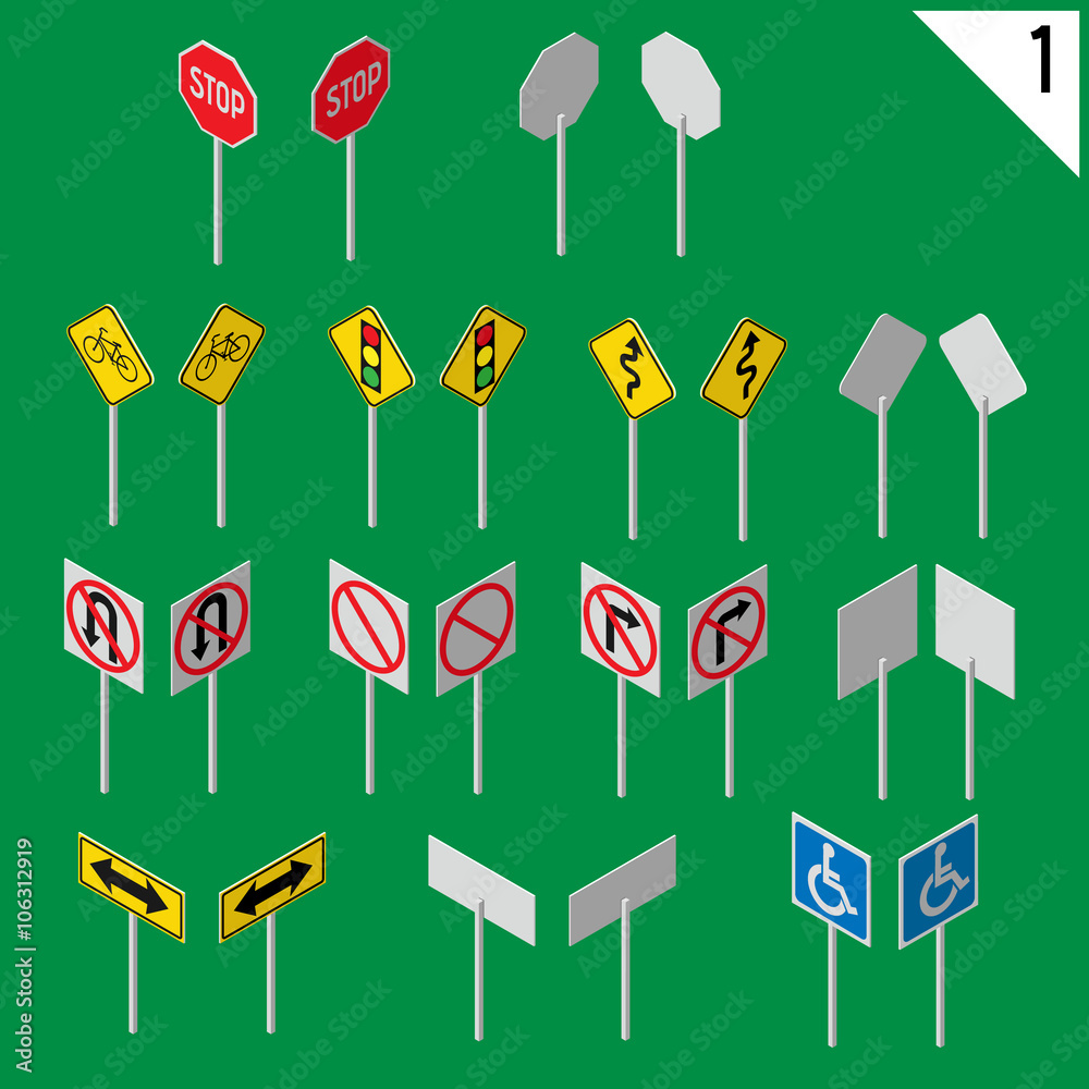Set of different road signs isometric. Vector illustration of a ...