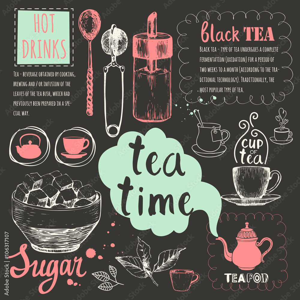 Vector Illustration with tea party symbols on black background. Stock ...