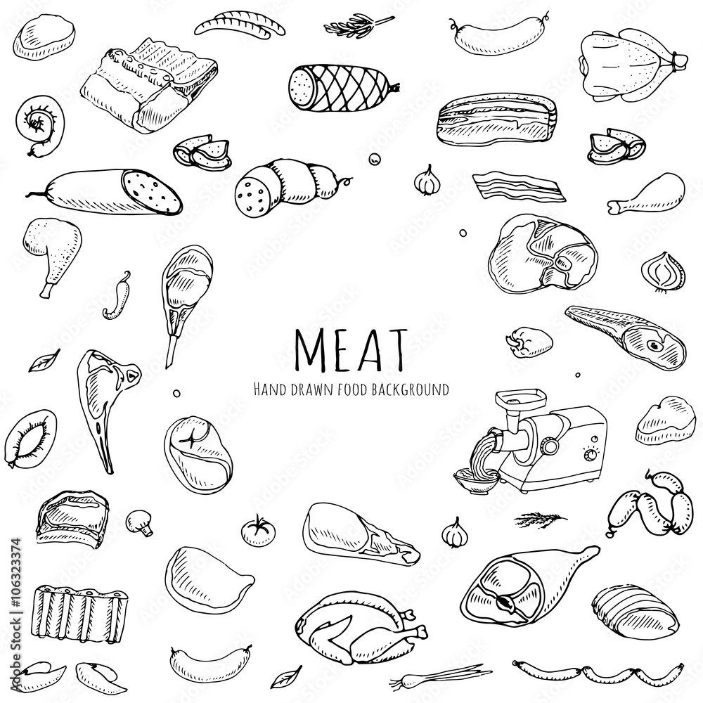 Hand drawn doodle set of cartoon different kind of meat and poultry ...
