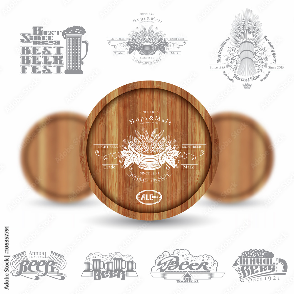 Three realistic mock up wood barrel and set of silhouette labels on ...