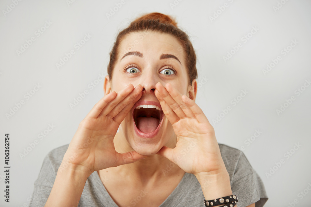 Portrait angry woman screaming, wide open mouth, hysterical isolated ...