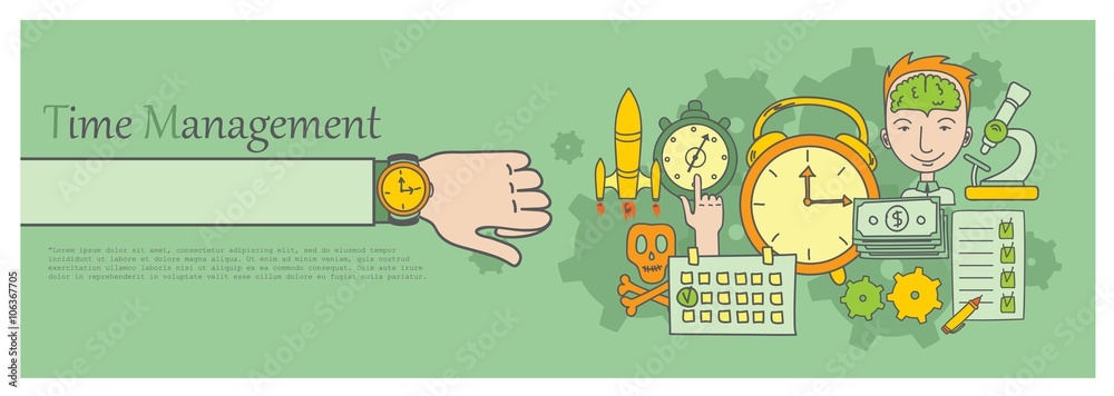 Doodle line design of web banner templates with outline icons of time ...