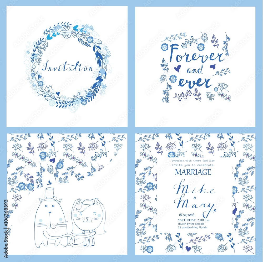 Doodle line design of wedding invitation, cards with floral elements ...