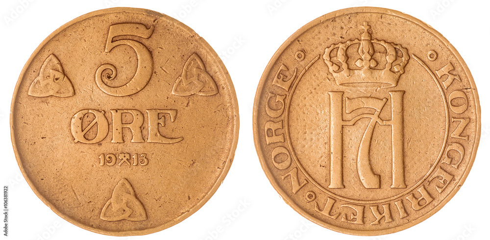 5 ore 1913 coin isolated on white background, Norway Stock Photo ...