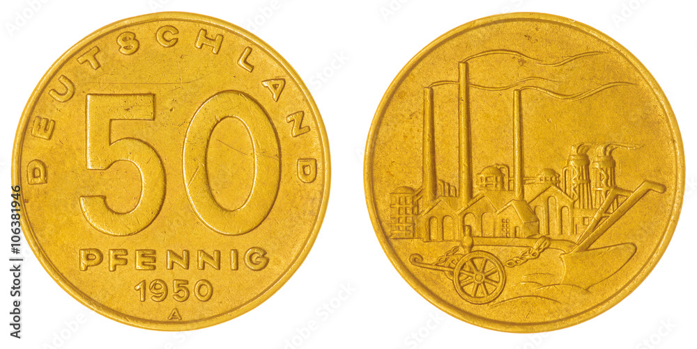 50 pfennig 1950 coin isolated on white background, East Germany Stock ...