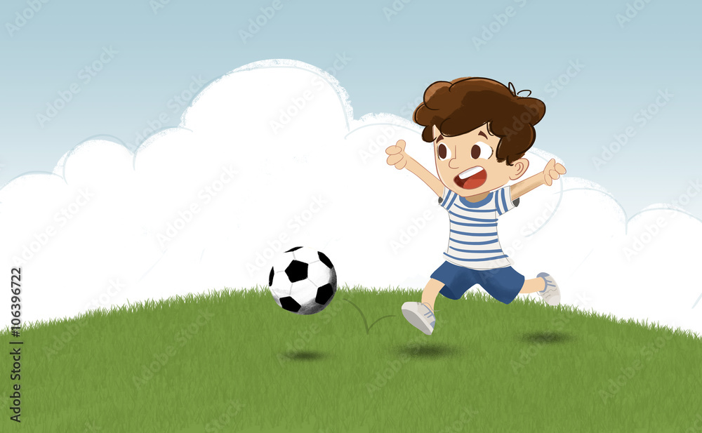 Niño jugando al futbol en el parque. Corre tras la pelota en un campo ... Niño jugando al futbol en el parque. Corre tras la pelota en un campo ...