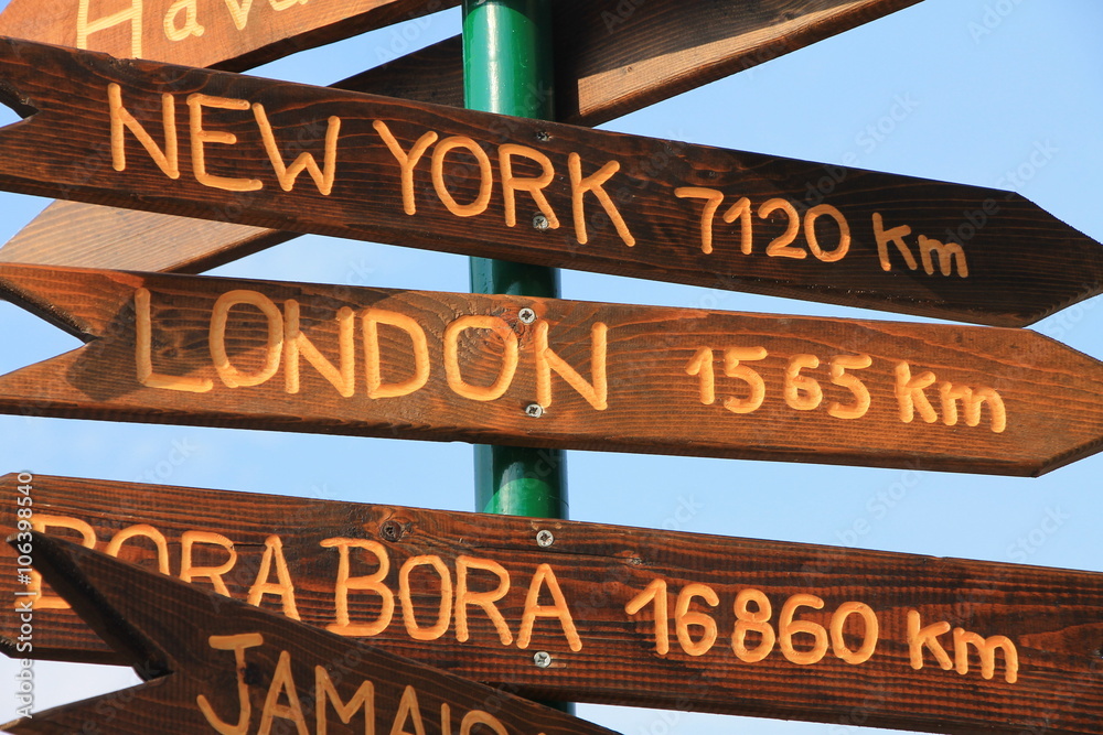 Funny direction signpost with distance to many different cities in the ...