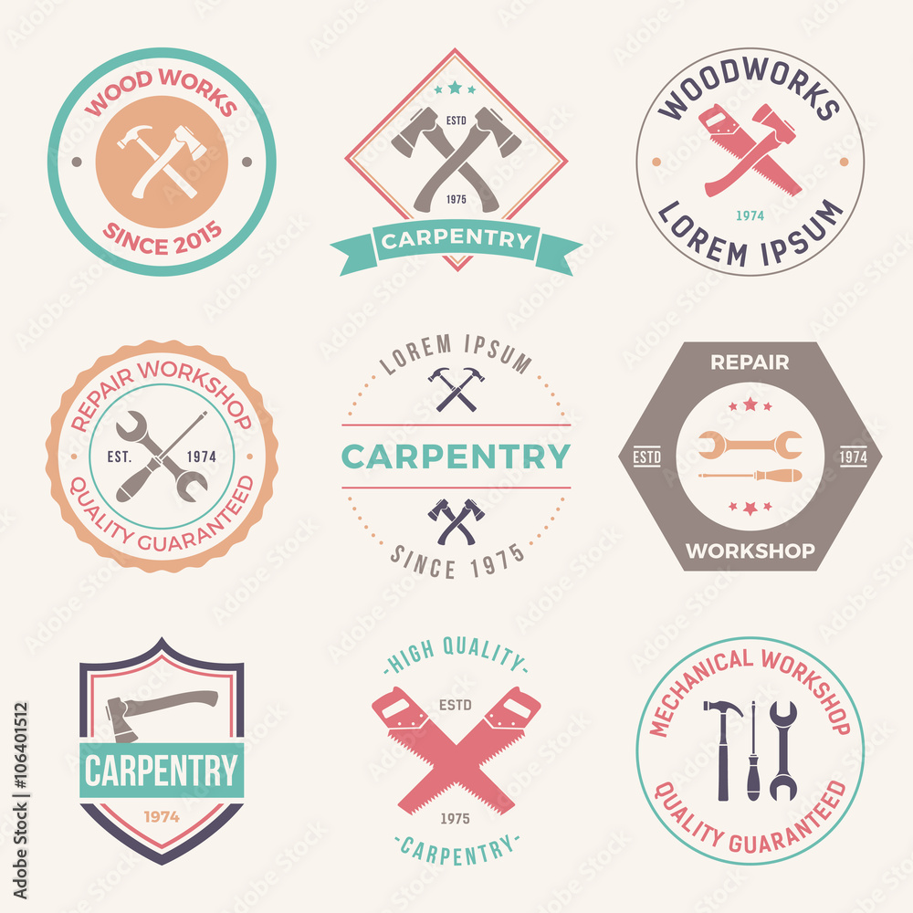 set of working tools, carpentry, workshop labels, logos, badges and ...