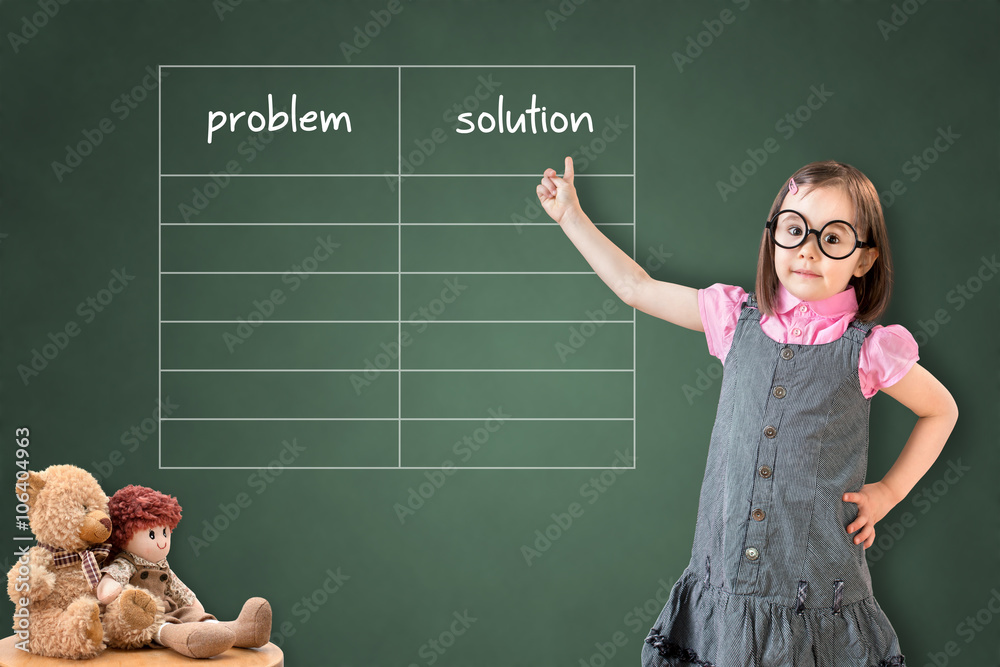 Cute little girl wearing business dress and showing problem and ...