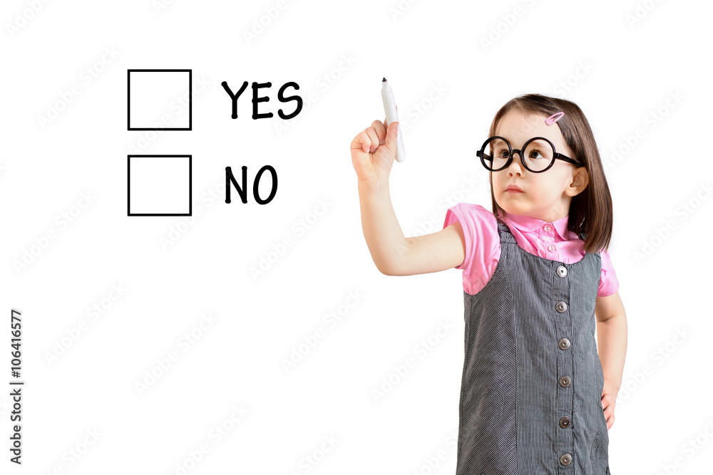 Cute little girl wearing business dress and drawing in a whiteboard ...