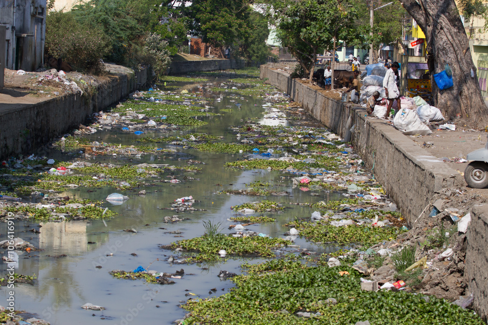 Plastic polluted river India, Tamil Nadu Stock Photo | Adobe Stock
