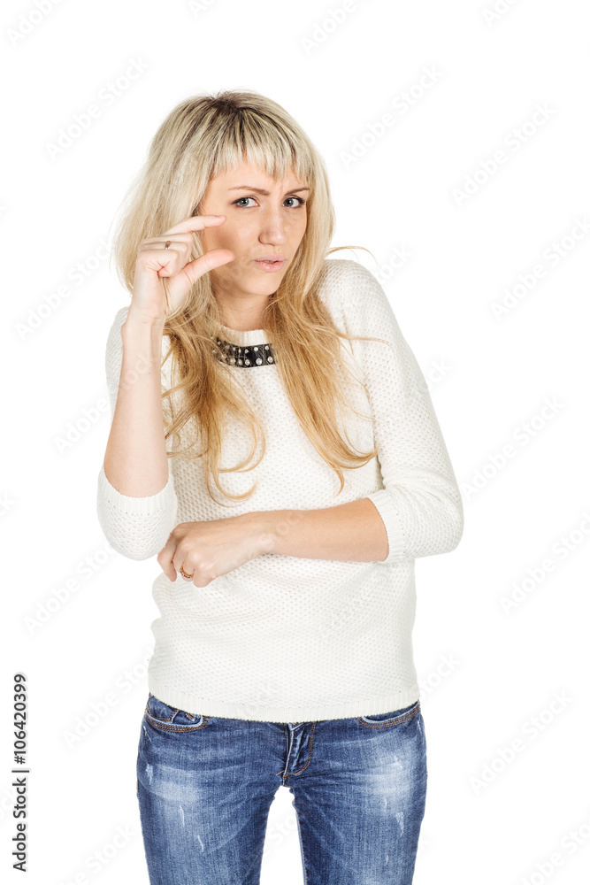 young woman making his hands the size. emotions, facial expressions ...