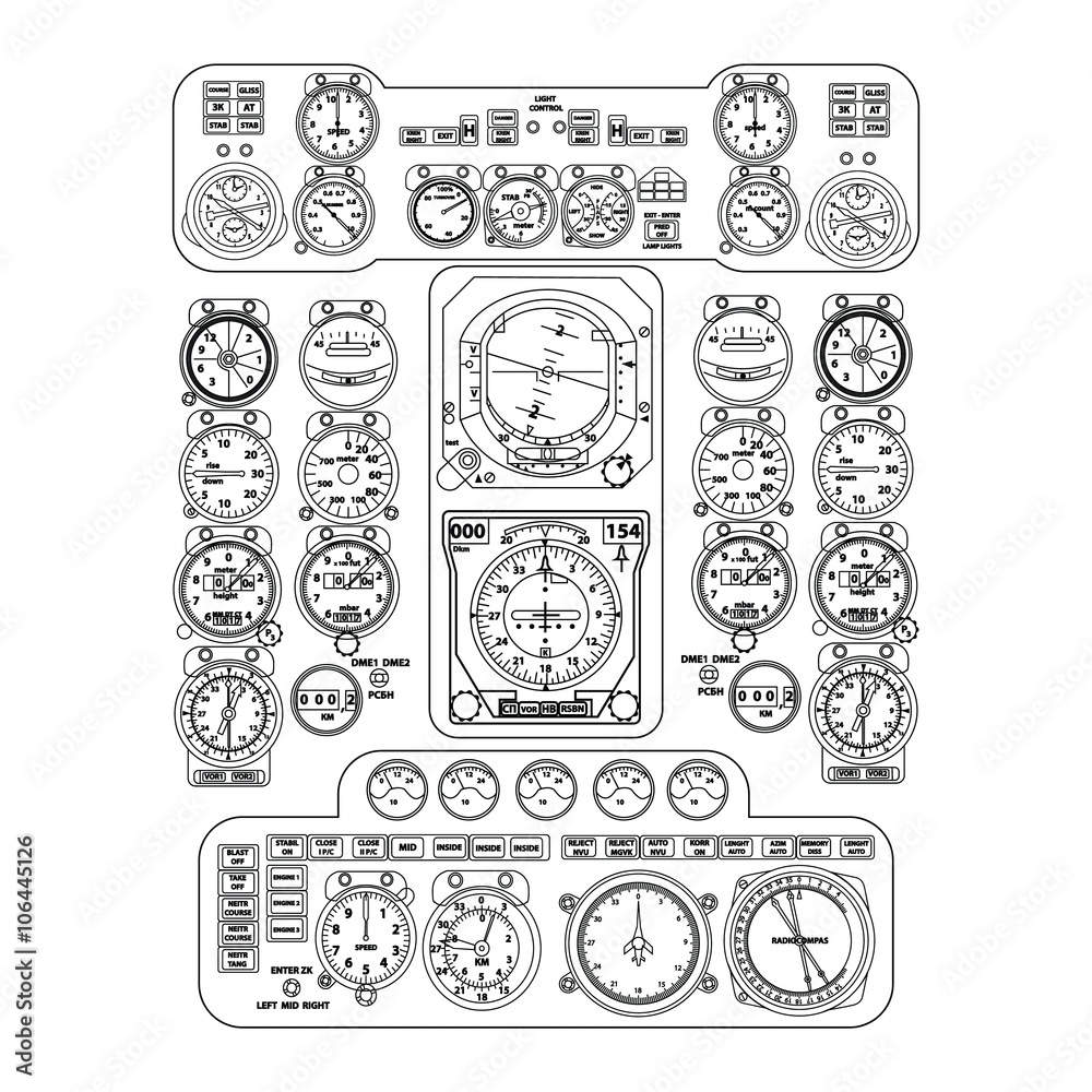 Black flight instrument panel in the cockpit of an aircraft on white ...