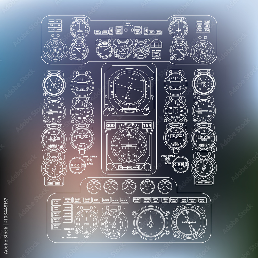 Flight instrument panel in the cockpit of an aircraft on blurred ...