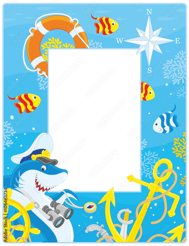Vector vertical frame border with a shark, a steering wheel, an anchor ...