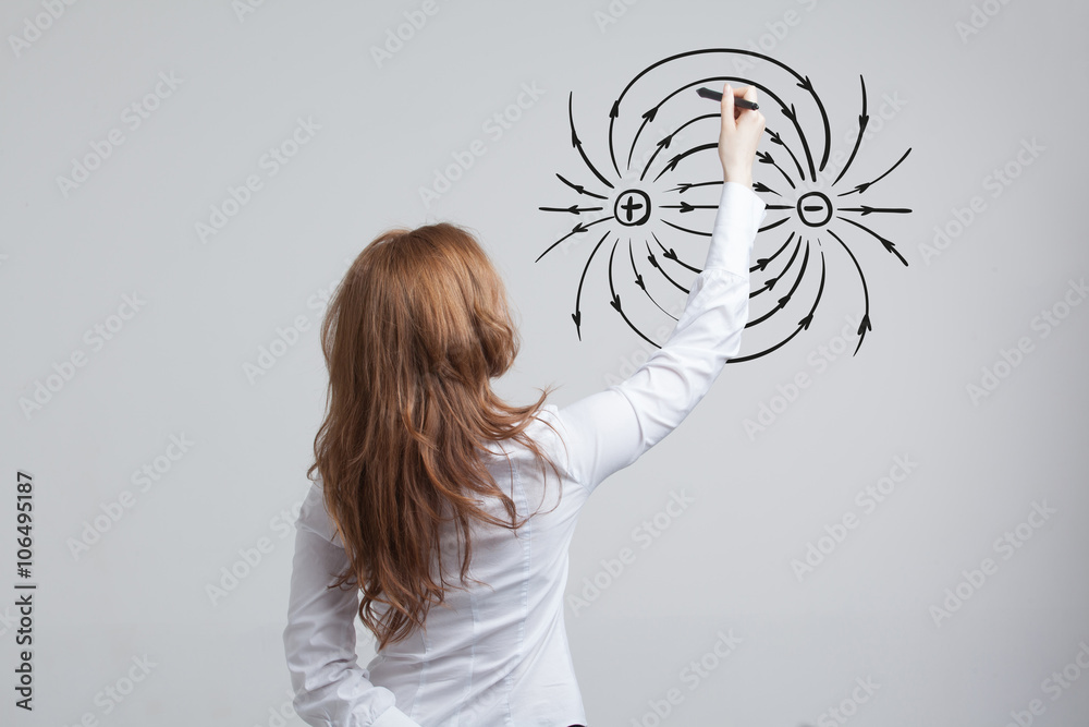 Young woman, physics teacher draws a diagram of the electric field ...