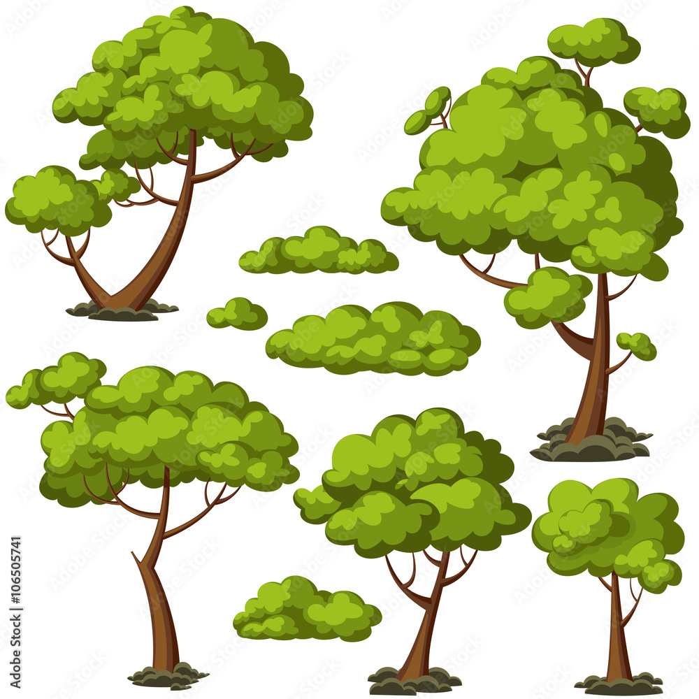 Set of funny cartoon trees and green bushes. Vector illustration. Stock ...