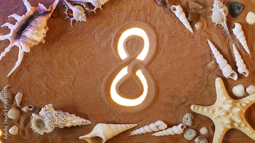 Hand drawing Number Eight 8 Symbol in the Sand. Beach background. Top ...