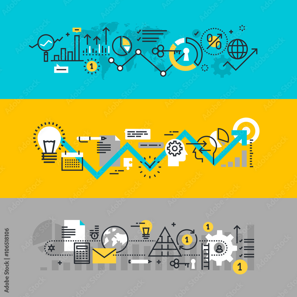 Set of flat line design web banners for business process, development ...