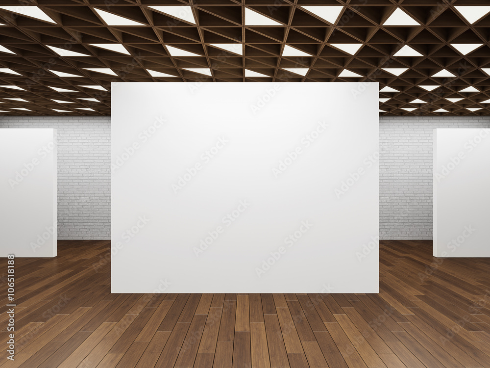 Empty white exhibition stand with interior of art picture gallery as ...