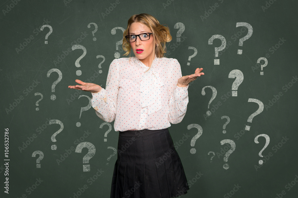 Teacher professor woman without answers surrounded by question mark ...