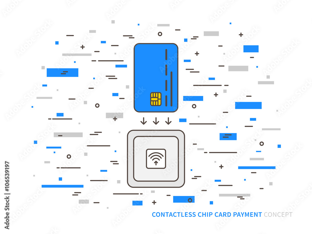 EMV chip card contactless reader colorful vector linear illustration ...