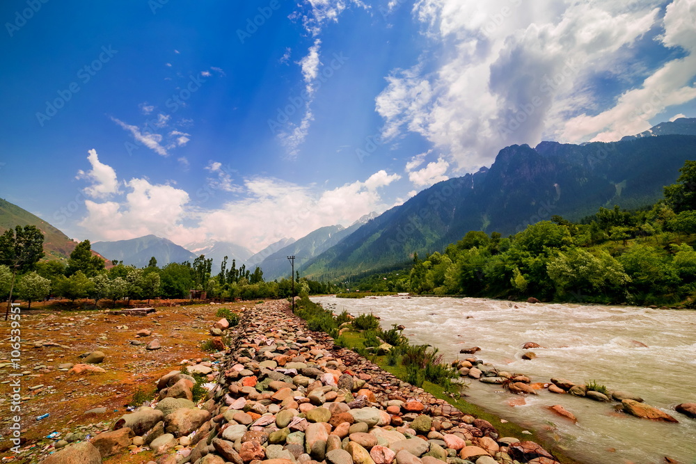 Top view of Indus river and Kargil City valley with Himalayan mountains ...
